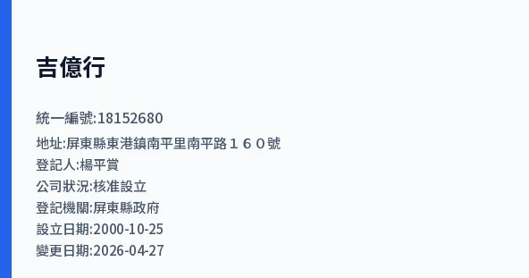 吉億行的照片-統編 18152680(屏東縣) 公司登記資料與營業項目詳細圖表