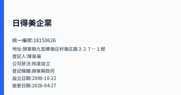 日得美企業的照片-統編 18153626(屏東縣) 公司登記資料與營業項目詳細圖表