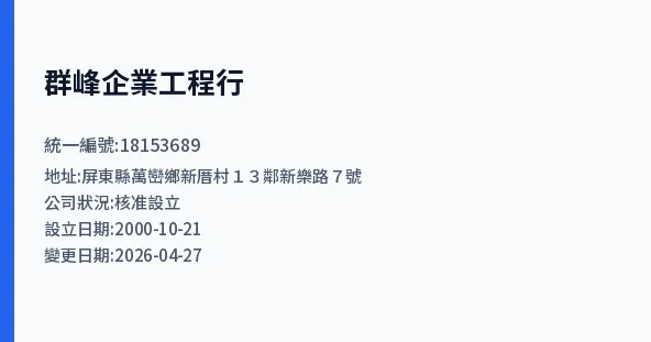 群峰企業工程行的照片-統編 18153689(屏東縣) 公司登記資料與營業項目詳細圖表