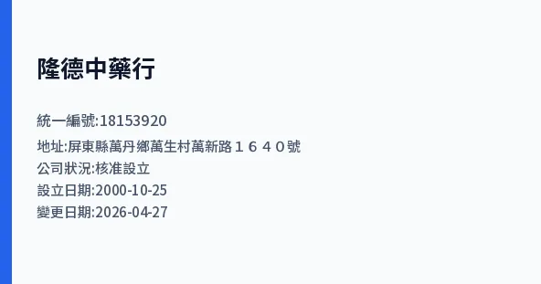 隆德中藥行的照片-統編 18153920(屏東縣) 公司登記資料與營業項目詳細圖表