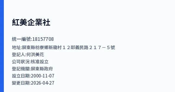 紅美企業社的照片-統編 18157708(屏東縣) 公司登記資料與營業項目詳細圖表