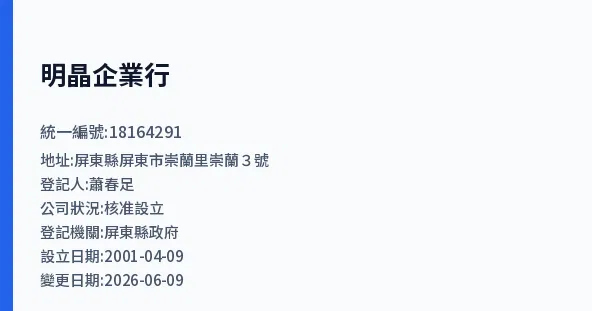 明晶企業行的照片-統編 18164291(屏東縣) 公司登記資料與營業項目詳細圖表