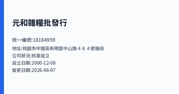 元和雜糧批發行的照片-統編 18184959(桃園市) 公司登記資料與營業項目詳細圖表