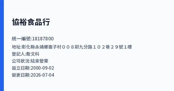 協裕食品行的照片-統編 18187800(彰化縣) 公司登記資料與營業項目詳細圖表