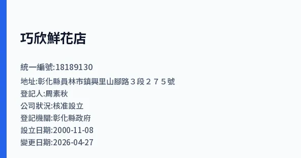 巧欣鮮花店的照片-統編 18189130(彰化縣) 公司登記資料與營業項目詳細圖表
