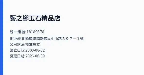 藝之鄉玉石精品店的照片-統編 18189878(彰化縣) 公司登記資料與營業項目詳細圖表
