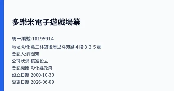多樂米電子遊戲場業的照片-統編 18195914(彰化縣) 公司登記資料與營業項目詳細圖表