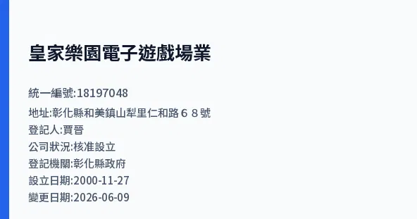 皇家樂園電子遊戲場業的照片-統編 18197048(彰化縣) 公司登記資料與營業項目詳細圖表