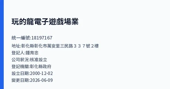 玩的龍電子遊戲場業的照片-統編 18197167(彰化縣) 公司登記資料與營業項目詳細圖表