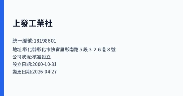 上發工業社的照片-統編 18198601(彰化縣) 公司登記資料與營業項目詳細圖表