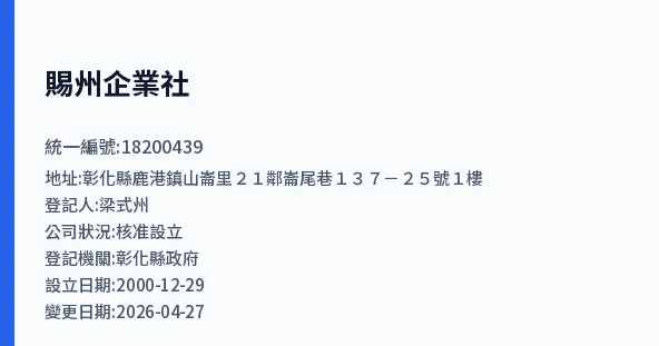 賜州企業社的照片-統編 18200439(彰化縣) 公司登記資料與營業項目詳細圖表