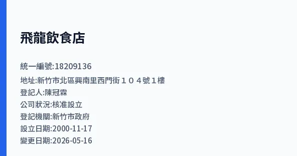 飛龍飲食店的照片-統編 18209136(新竹市) 公司登記資料與營業項目詳細圖表