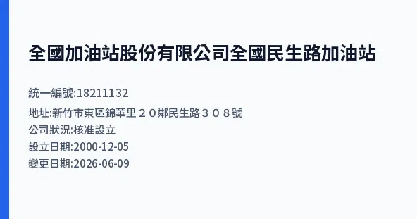 全國加油站股份有限公司全國民生路加油站的照片-統編 18211132(新竹市) 公司登記資料與營業項目詳細圖表