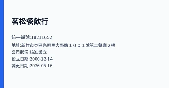 茗松餐飲行的照片-統編 18211652(新竹市) 公司登記資料與營業項目詳細圖表