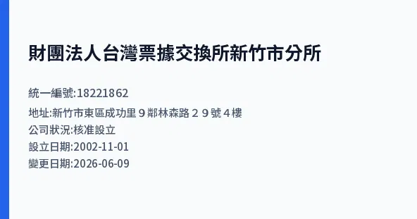 財團法人台灣票據交換所新竹市分所的照片-統編 18221862(新竹市) 公司登記資料與營業項目詳細圖表