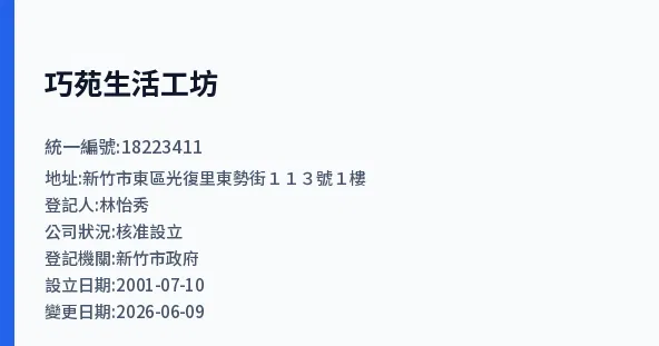 巧苑生活工坊的照片-統編 18223411(新竹市) 公司登記資料與營業項目詳細圖表