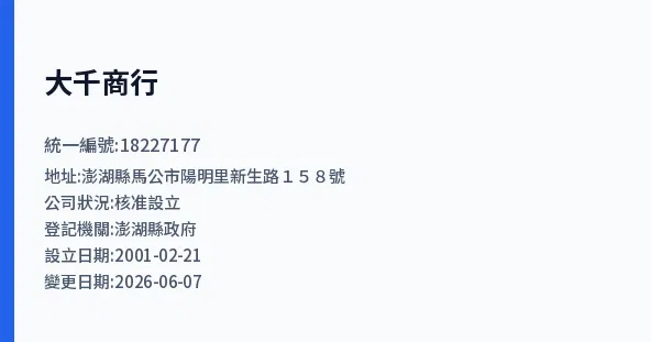 大千商行的照片-統編 18227177(澎湖縣) 公司登記資料與營業項目詳細圖表