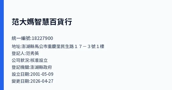 范大媽智慧百貨行的照片-統編 18227900(澎湖縣) 公司登記資料與營業項目詳細圖表