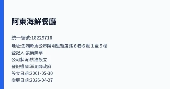 阿東海鮮餐廳的照片-統編 18229718(澎湖縣) 公司登記資料與營業項目詳細圖表