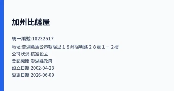 加州比薩屋的照片-統編 18232517(澎湖縣) 公司登記資料與營業項目詳細圖表
