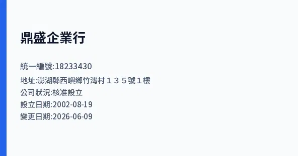 鼎盛企業行的照片-統編 18233430(澎湖縣) 公司登記資料與營業項目詳細圖表