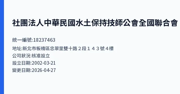 社團法人中華民國水土保持技師公會全國聯合會的照片-統編 18237463(新北市) 公司登記資料與營業項目詳細圖表