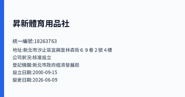 昇新體育用品社的照片-統編 18263763(新北市) 公司登記資料與營業項目詳細圖表