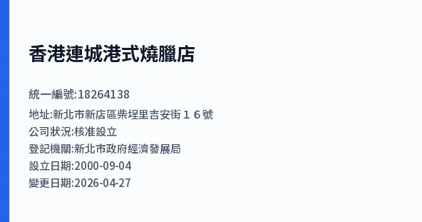 香港連城港式燒臘店的照片-統編 18264138(新北市) 公司登記資料與營業項目詳細圖表