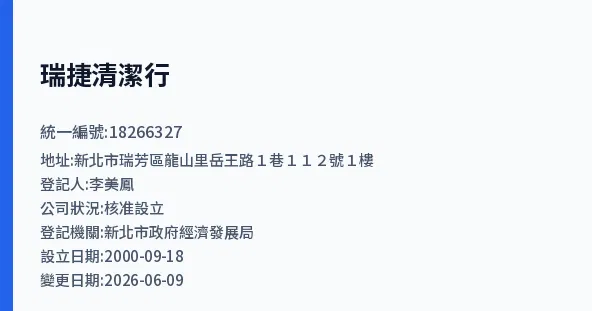 瑞捷清潔行的照片-統編 18266327(新北市) 公司登記資料與營業項目詳細圖表