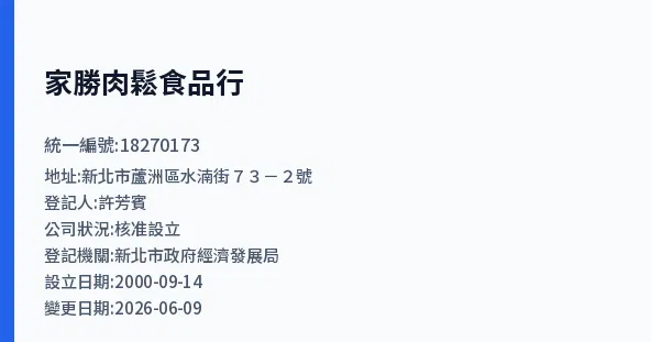家勝肉鬆食品行的照片-統編 18270173(新北市) 公司登記資料與營業項目詳細圖表