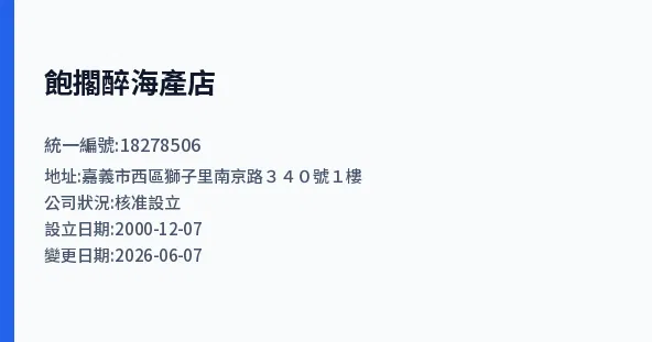 飽擱醉海產店的照片-統編 18278506(嘉義市) 公司登記資料與營業項目詳細圖表