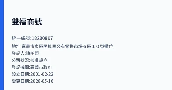 雙福商號的照片-統編 18280897(嘉義市) 公司登記資料與營業項目詳細圖表