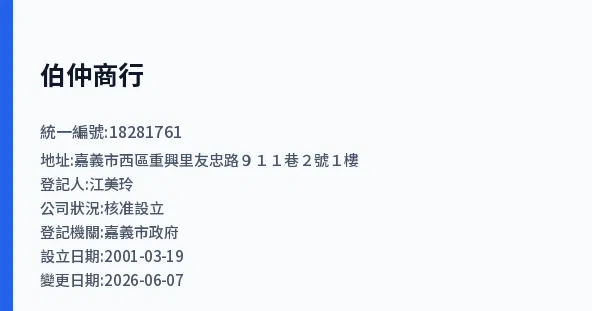 伯仲商行的照片-統編 18281761(嘉義市) 公司登記資料與營業項目詳細圖表