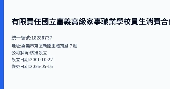 有限責任國立嘉義高級家事職業學校員生消費合作社的照片-統編 18288737(嘉義市) 公司登記資料與營業項目詳細圖表