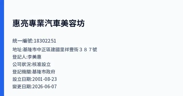 惠亮專業汽車美容坊的照片-統編 18302251(基隆市) 公司登記資料與營業項目詳細圖表