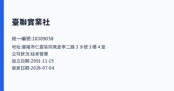 臺聯實業社的照片-統編 18309058(基隆市) 公司登記資料與營業項目詳細圖表