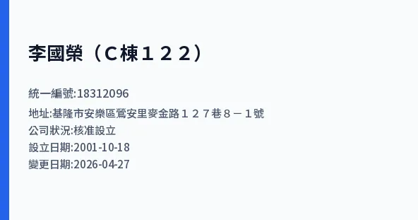 李國榮(C棟122)的照片-統編 18312096(基隆市) 公司登記資料與營業項目詳細圖表