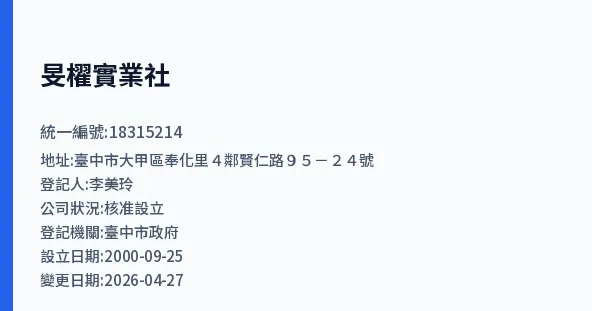 旻櫂實業社的照片-統編 18315214(臺中市) 公司登記資料與營業項目詳細圖表