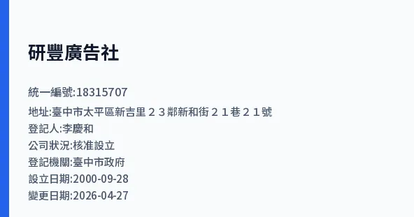 研豐廣告社的照片-統編 18315707(臺中市) 公司登記資料與營業項目詳細圖表