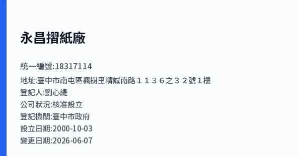 永昌摺紙廠的照片-統編 18317114(臺中市) 公司登記資料與營業項目詳細圖表