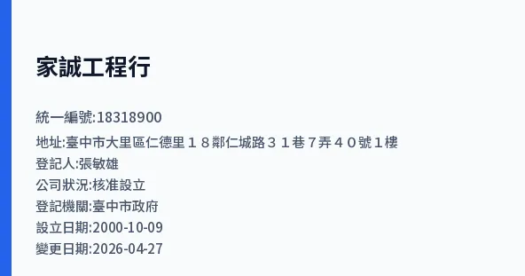 家誠工程行的照片-統編 18318900(臺中市) 公司登記資料與營業項目詳細圖表