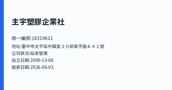 主宇塑膠企業社的照片-統編 18319611(臺中市) 公司登記資料與營業項目詳細圖表