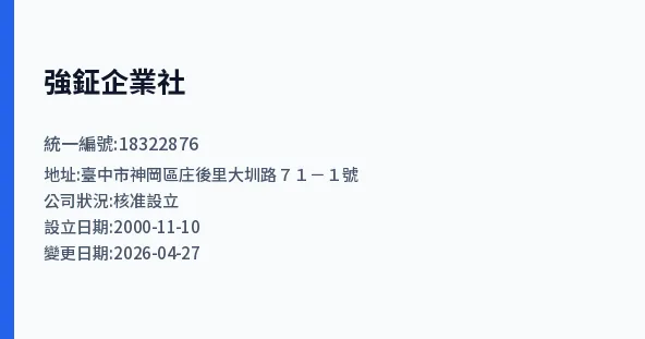 強鉦企業社的照片-統編 18322876(臺中市) 公司登記資料與營業項目詳細圖表