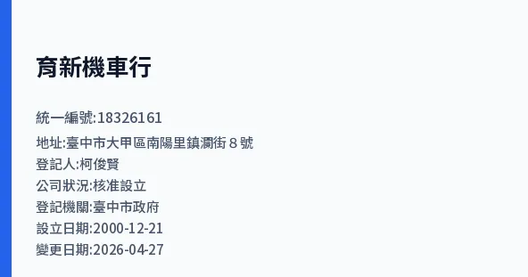 育新機車行的照片-統編 18326161(臺中市) 公司登記資料與營業項目詳細圖表