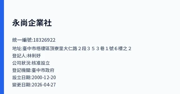 永尚企業社的照片-統編 18326922(臺中市) 公司登記資料與營業項目詳細圖表