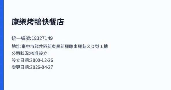 康樂烤鴨快餐店的照片-統編 18327149(臺中市) 公司登記資料與營業項目詳細圖表