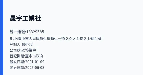 晟宇工業社的照片-統編 18329385(臺中市) 公司登記資料與營業項目詳細圖表