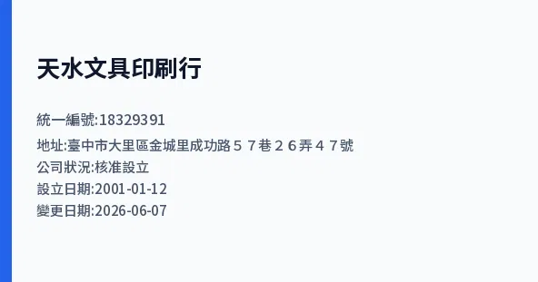 天水文具印刷行的照片-統編 18329391(臺中市) 公司登記資料與營業項目詳細圖表