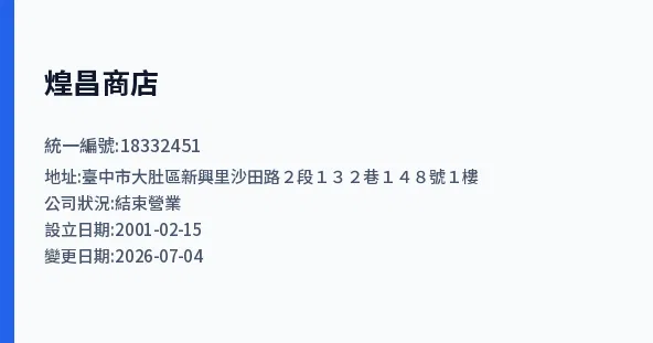 煌昌商店的照片-統編 18332451(臺中市) 公司登記資料與營業項目詳細圖表