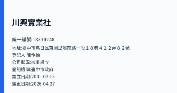 川興實業社的照片-統編 18334248(臺中市) 公司登記資料與營業項目詳細圖表